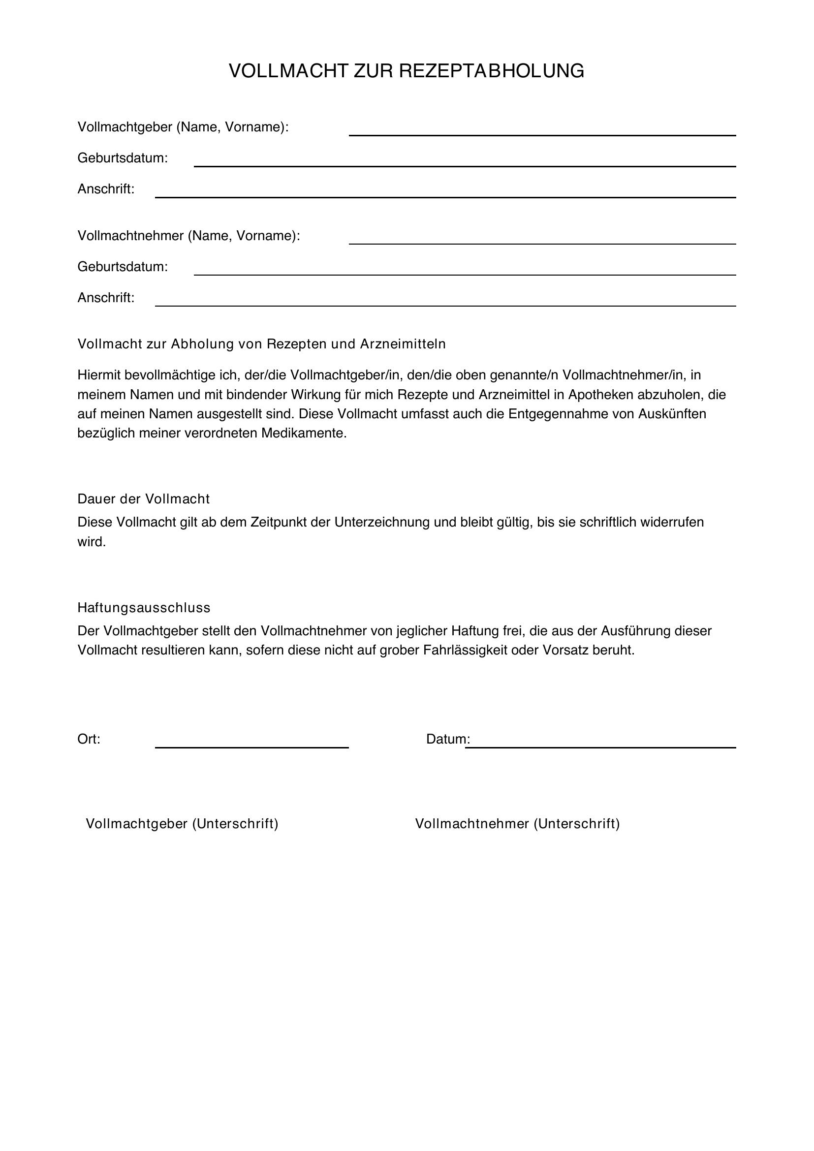 Vollmacht Rezept Abholen